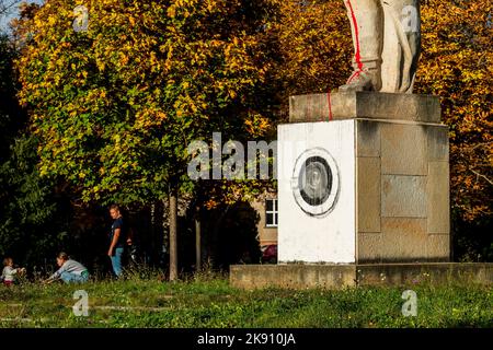 Litomerice, Czech Republic, October 25, 2022. A statue of Russian Red Army soldier in Litomerice ...