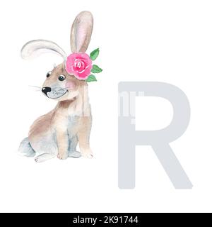 Letter R, rabbit, cute kids animal ABC alphabet. Watercolor ...
