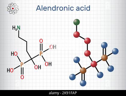 Alendronic acid molecule. Structural chemical formula, molecule model ...