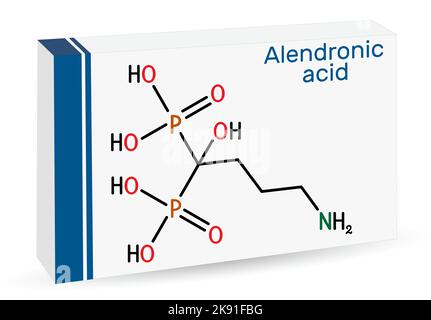 Alendronic acid molecule. Structural chemical formula, molecule model ...