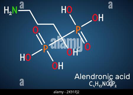 Alendronic acid molecule. Structural chemical formula, molecule model ...