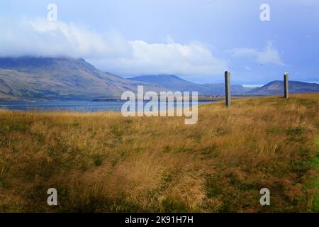A scenic view of Videy Island on a lake near Reykjavik, Iceland on a ...