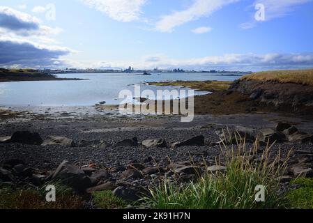 A scenic view of Videy Island on a lake near Reykjavik, Iceland on a ...