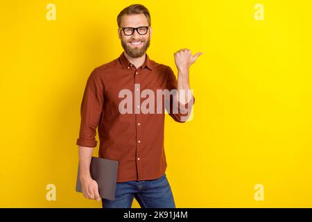 Photo of positive groomed man wear stylish clothes speak telephone arm ...