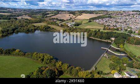 Aerial drone photo of the large Worsbrough reservoir in the village of ...