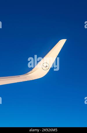 MARSEILLES, FRANCE - AUG 21, 2016: wing of aircraft with lufthansa logo ...