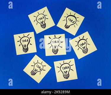 Light bulbs drawn on sticky notes. Hand drawn doodle lineart. Ideas ...