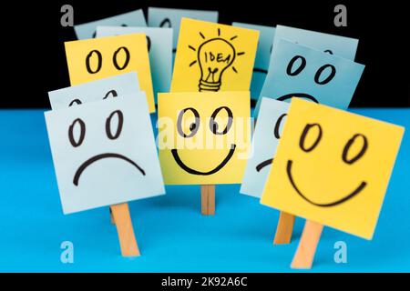 Sticky notes with hand drawn lightbulb, Smiley and Sad faces. Focus on ...
