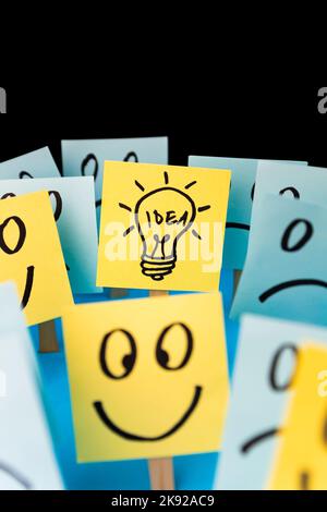 Sticky notes with hand drawn lightbulb, Smiley and Sad faces. Focus on ...