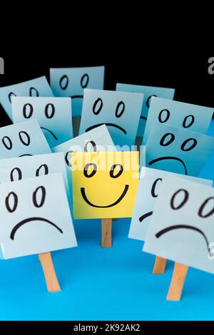 Sticky notes with hand drawn Smiley face and Sad faces. Positive way of ...