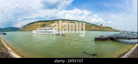 BINGEN, GERMANY - MAY 24, 2015: passenger ferry cruises with passengers ...