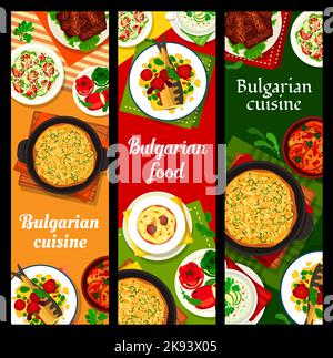 Bulgarian cuisine banners. Beef kebab Kebapcheta, baked fish and ...
