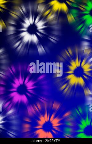 Violet and yellow light circles from spotlights on a dark blue smoky ...