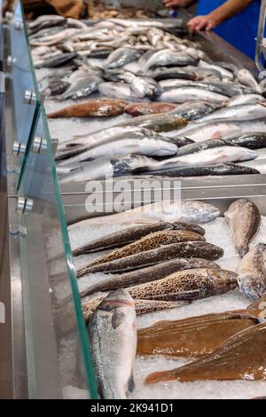 Colorful selection of seafood at fish market in Rhodes, Greece. High ...