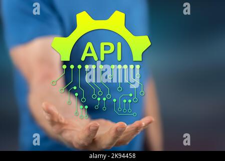 Api concept above the hand of a man in background Stock Photo - Alamy