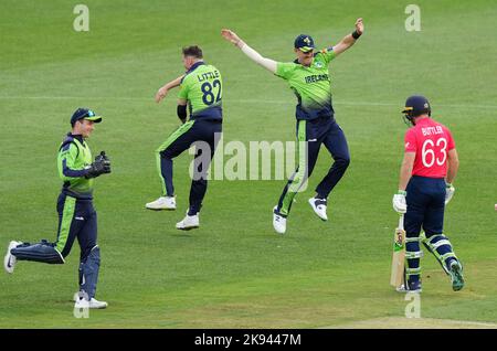 Ireland's Joshua Little reacts after dismissing England batsman Jos ...