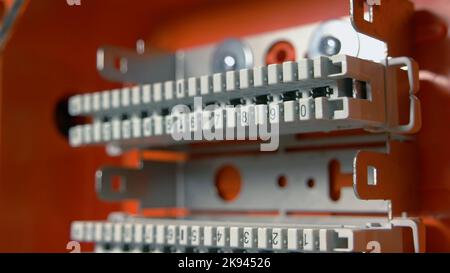 Close-up red electric indusrtial control fuse box. Industrial ...