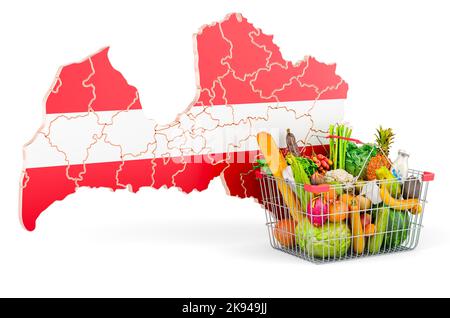 Purchasing power in Latvia concept. Shopping cart with Latvian map, 3D ...