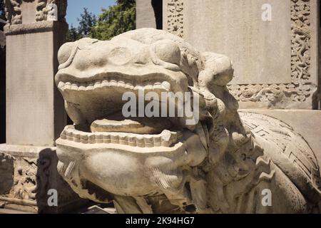A closeup of a carved stone artwork of a bixi in Zhenjue temple of ...