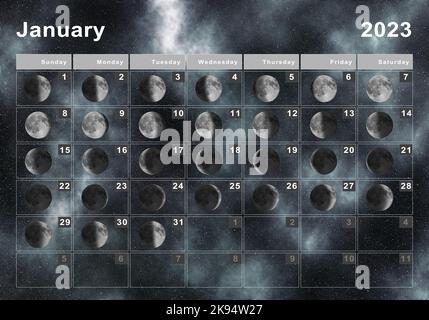January 2023 Lunar calendar, Moon cycles, Moon Phases Stock Photo - Alamy
