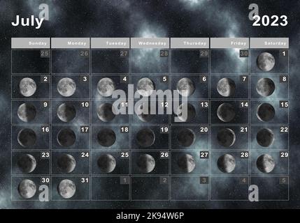 July 2023 Lunar calendar, Moon cycles, Moon Phases Stock Photo - Alamy