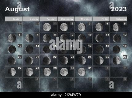 August 2023 Lunar calendar, Moon cycles, Moon Phases Stock Photo - Alamy