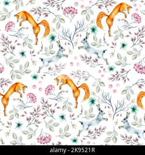 Winter plants and hare watercolor seamless pattern isolated on white ...