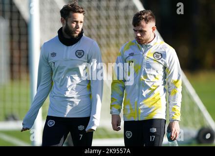 Heart of Midlothian's Jorge Grant (left) celebrates scoring the opening ...