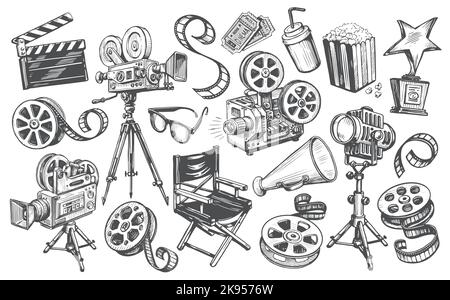 Cinema camera sketch. Cinema vintage camera in doodle style. Vector illustration isolated on ...