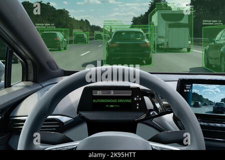 Autonomous vehicle vision with system recognition of cars Stock Photo ...
