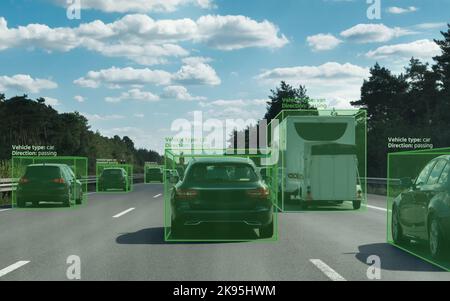 Autonomous vehicle vision with system recognition of cars Stock Photo ...