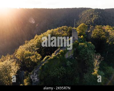 An aerial view of the ruins of the historical Guttenberg castle in ...