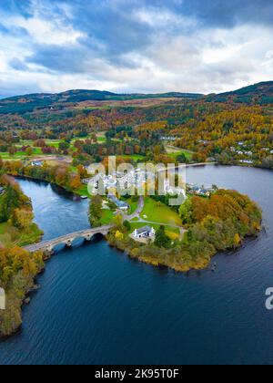 Aerial view of autumn colours at Kenmore on Loch Tay, Perth and Kinross ...