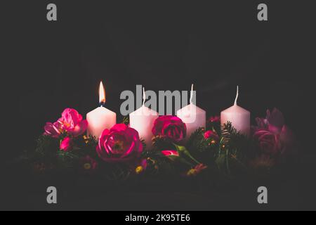 first burning advent candle on decorated rose flower pink advent wreath ...