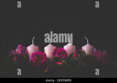 advent candles prepared on decorated rose flower pink advent wreath, no ...