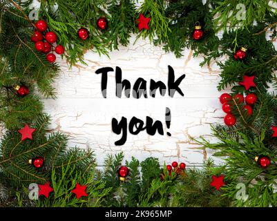 Christmas, Fir Branch, Text Thank You, Red Ornament Balls, Snowflakes ...