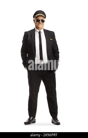 Full length portrait of a mature chauffeur posing in front of a black ...