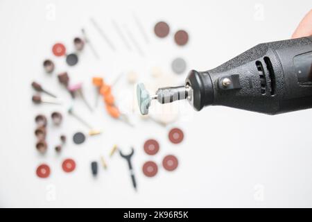 Dremel rotary kit, dremel heads, instrument for handwork on white ...