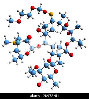 Erythromycin antibiotic drug molecule (macrolide class). White skeletal ...