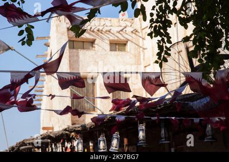 Doha, Qatar, May 10,2019 : Old market Souk Waqif decorated with Qatar ...