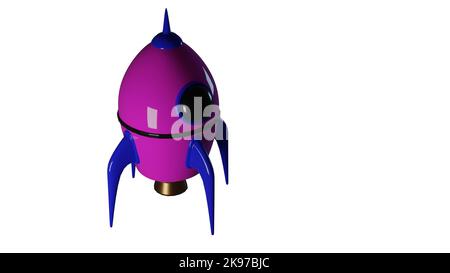 A 3d rendered image of a cartoon style space rocket in red and gold ...