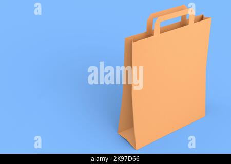 Folded kraft paper bag with handle isolated on yellow background. 3d ...