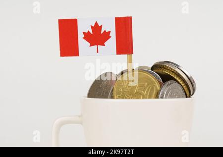 The flag of Canada sticks out of a cup with coins. Economy and business ...