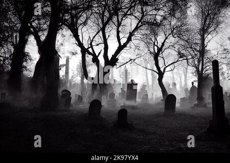 Scary gloomy night abandoned cemetery on the background of the castle ...