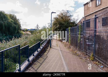 River Roding riverside path from Ilford to Barking quay at Harts Lane ...