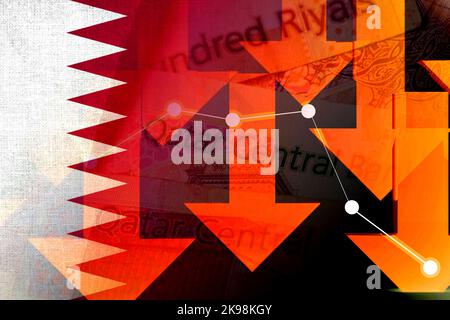 Economy Graph - Down Arrows, Qatari Flag and Qatari Riyal Cash ...