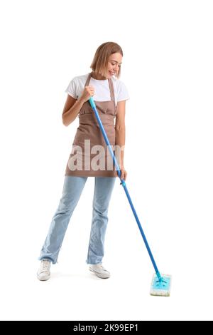 Pretty woman mopping floor on yellow background Stock Photo - Alamy