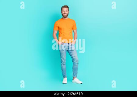 Full body photo of trend beard guy look telephone wear t-shirt jeans ...