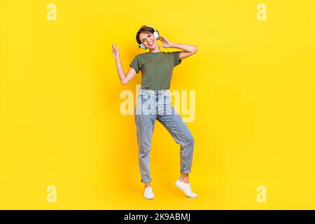 Photo of funky millennial lady dance look empty space wear floral top ...