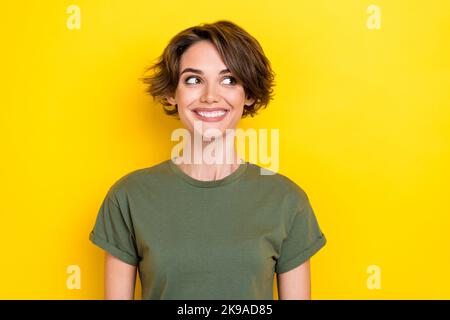 Photo of adorable lovely woman with bob hairstyle dressed striped t ...